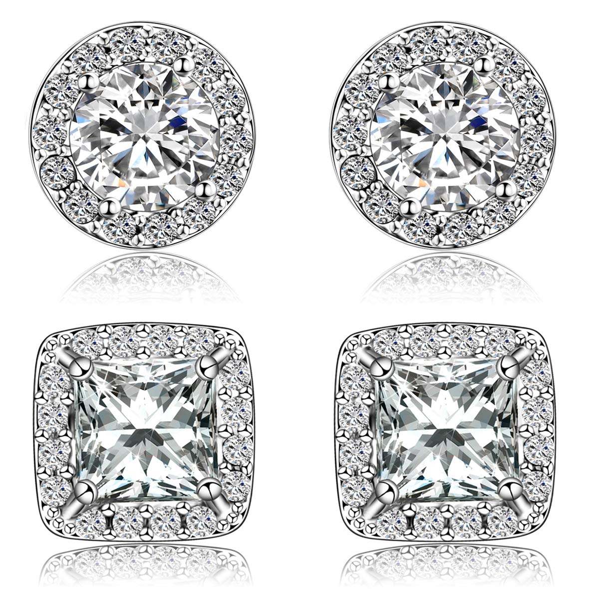 Quinlivan Duo 2 Pairs Premium Halo Stud Earrings 10mm, Round Princess Cut Cubic Zirconia Earrings Sets Lightweight for Women, Girls (white gold)