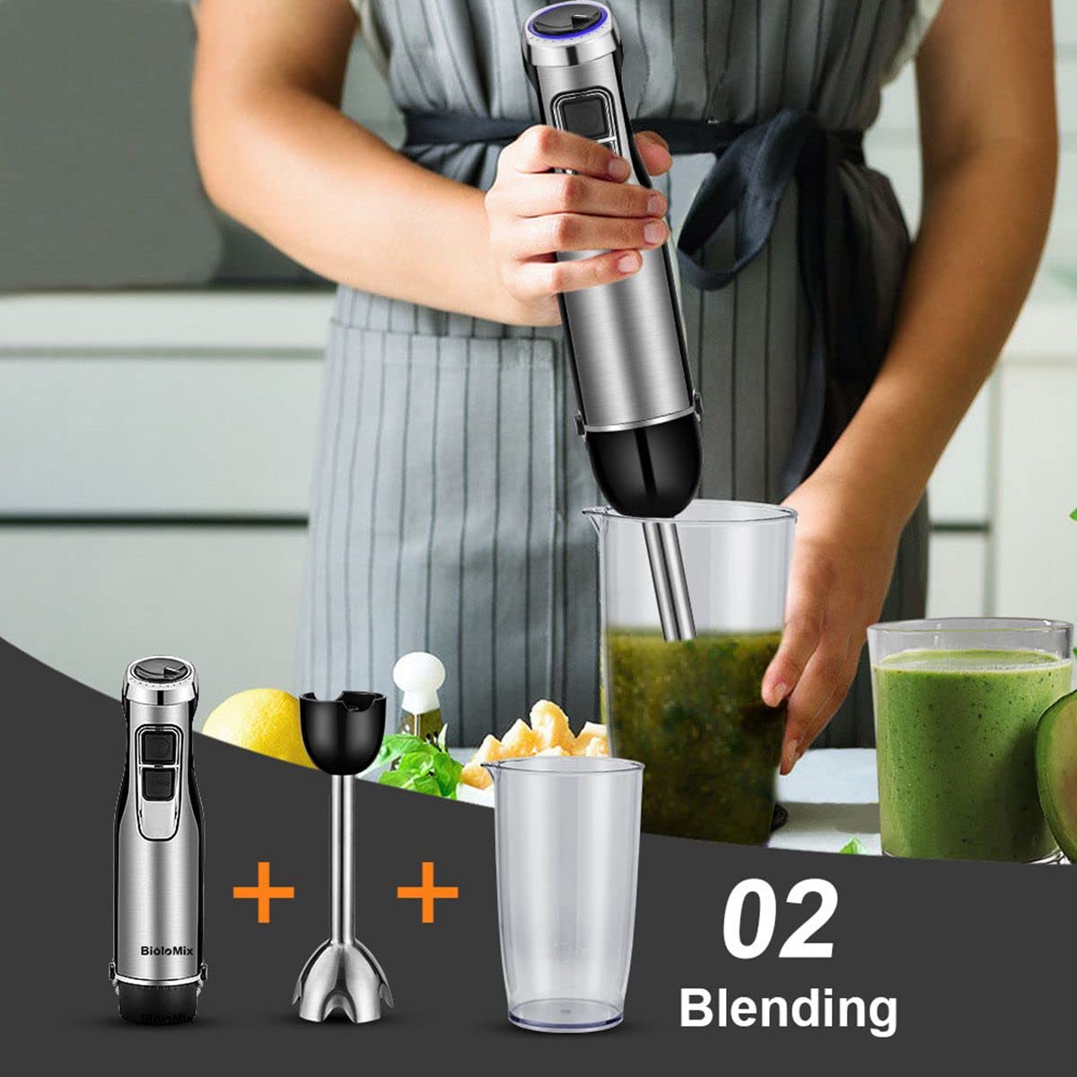 Immersion Hand Blender Multi-Purpose 220V 4 IN 1 Blender Heavy Duty Copper Motor Stainless Steel Finish Includes Whisk Attachment, Chopper and Smoothies Cup (EU Plug)