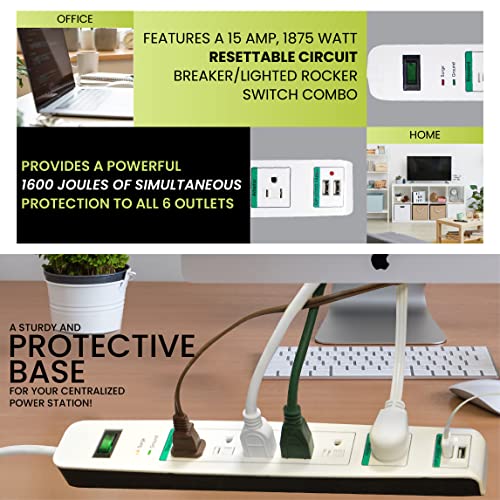 GoGreen Power GG-16326USB 6 Outlet Surge Protector with 2 USB Ports, White, 6 ft Cord