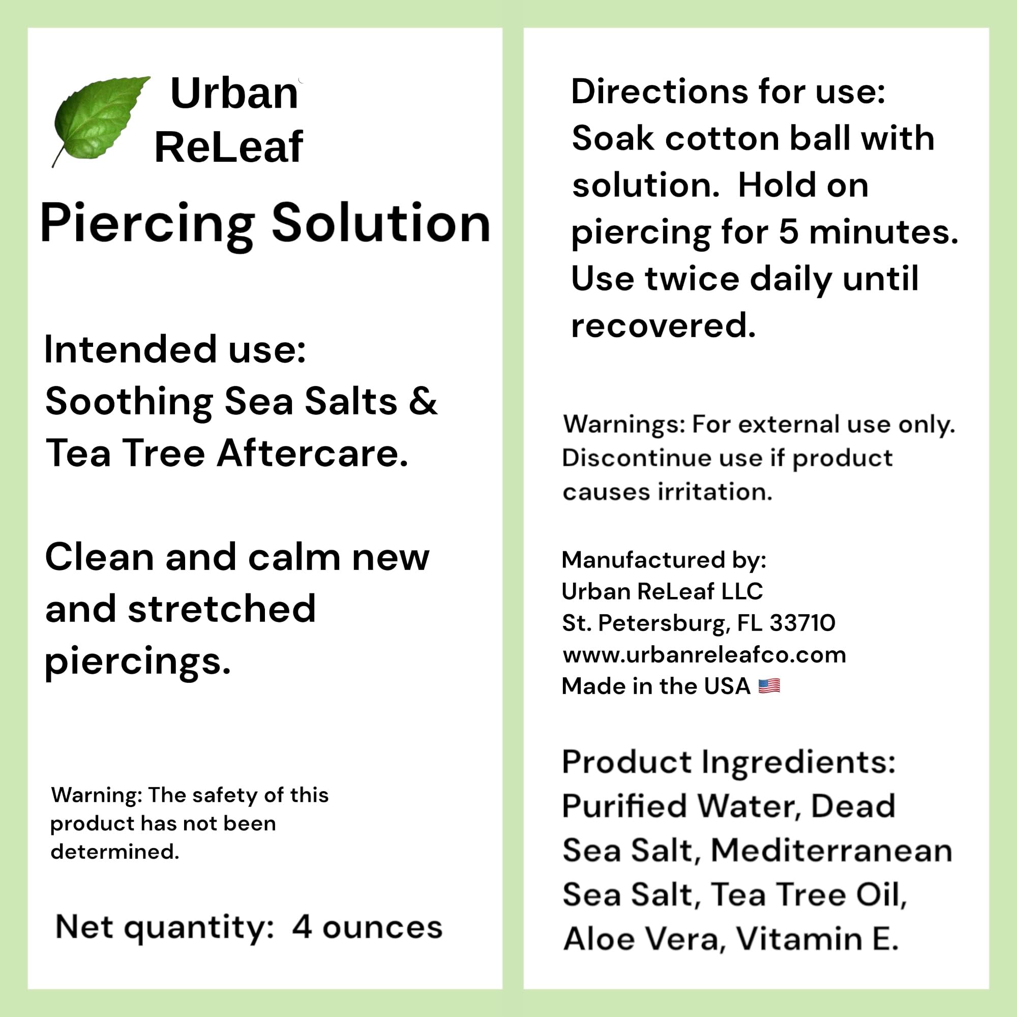 Urban ReLeaf Piercing Solution ! Soothing Sea Salts & Tea Tree AFTERCARE 4 oz, Ready to use. Safely Clean and Calm New & Stretched Piercings. Gentle Effective Natural & Proven. Works Fast