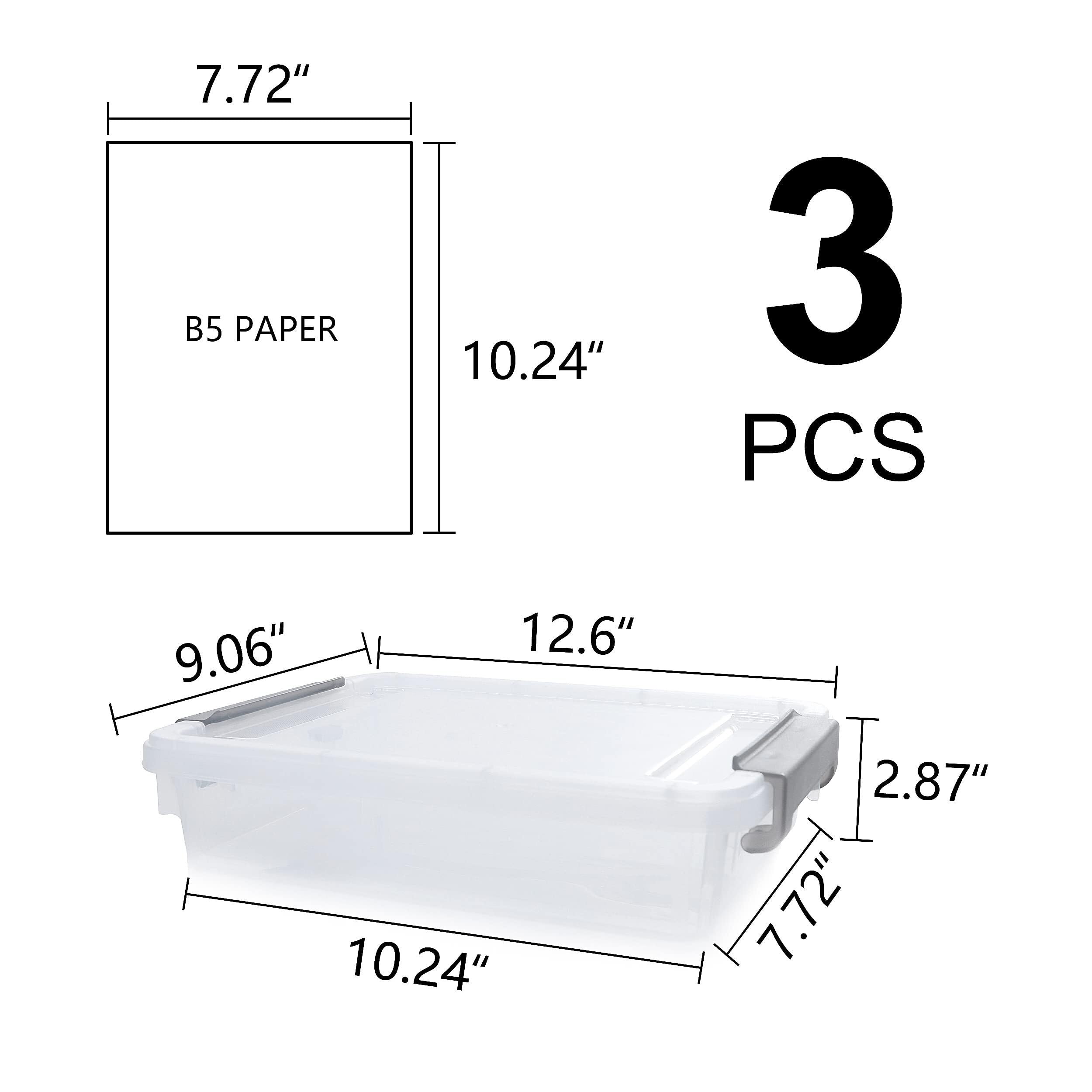 CUTSUGOK 3 PCS Plastic Storage Bins with Latching Lids Clear File Box Portable Storage Containers for Organizing A4 Paper, Document, Scrapbook, 14.65" x 10.43" x 2.87"(3 PCS-12.6")
