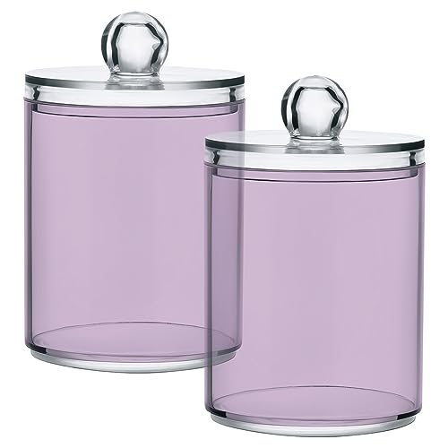Gredecor 2 Pack Qtip Holder Organizer Dispenser Clear Thistle Purple Bathroom Storage Canister Cotton Ball Holder Bathroom Containers for Cotton Swabs/Pads/Floss
