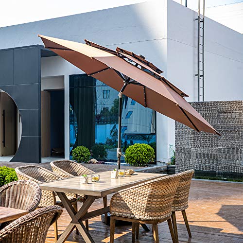 Klismos 10FT 3 Tiers Patio Umbrella with Lights Windproof Outdoor Market Umbrella Large Waterproof Table Umbrella with Tilt and Crank(Coffee)