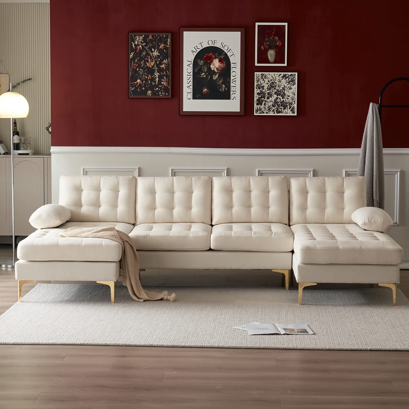 Imseigo 110" Modern Large Reversible Sectional Sofa,Modular Living Room U-Shape 4-Seater Couch with Linen Fabric for Small Space,with Extra Wide Chaise Lounge (Linen Fabric, Lattice Creamy White)