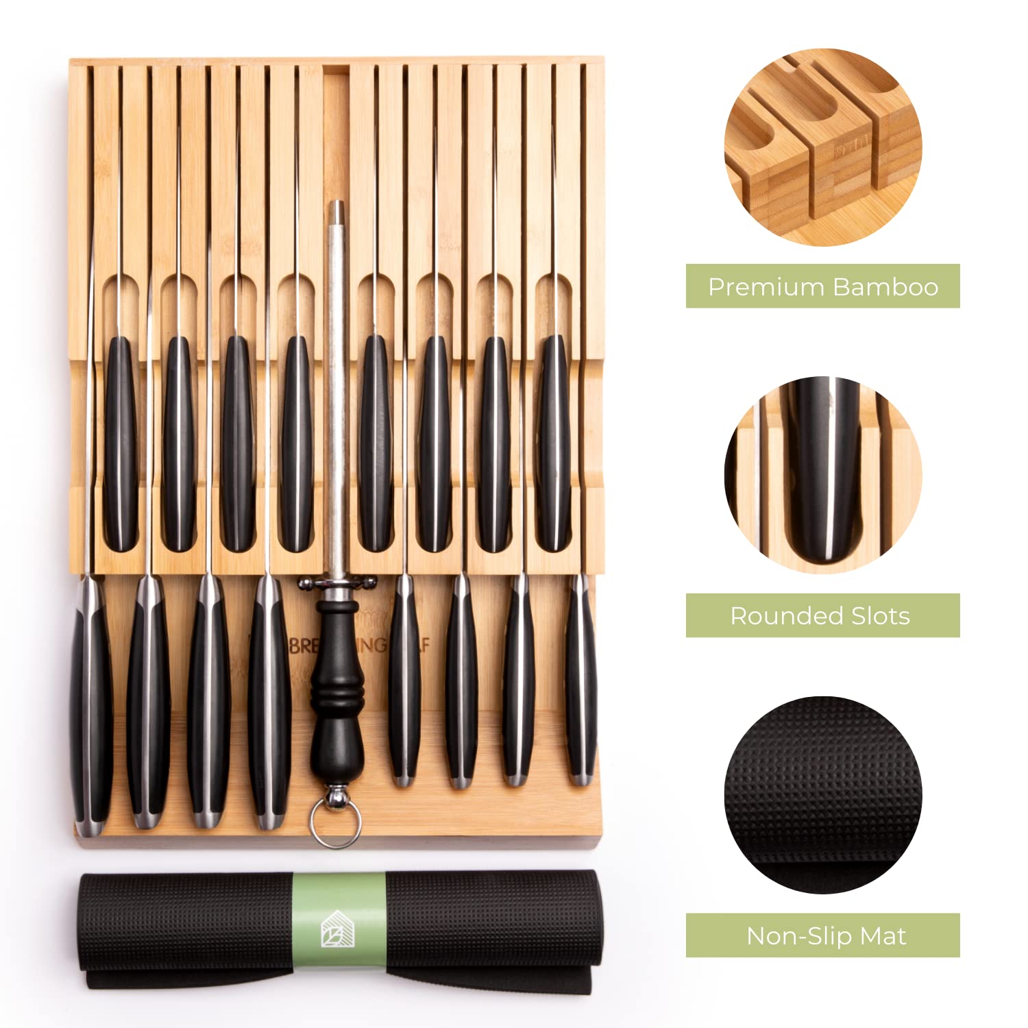 Drawer Knife Organizer - Bamboo Knife Block Insert - Holds 16 Knives + 1 Knife Sharpener (Knives Not Included) - Reliably Store, Secure & Organize Your Kitchen Knives In Cabinet - Free Up Counterspace
