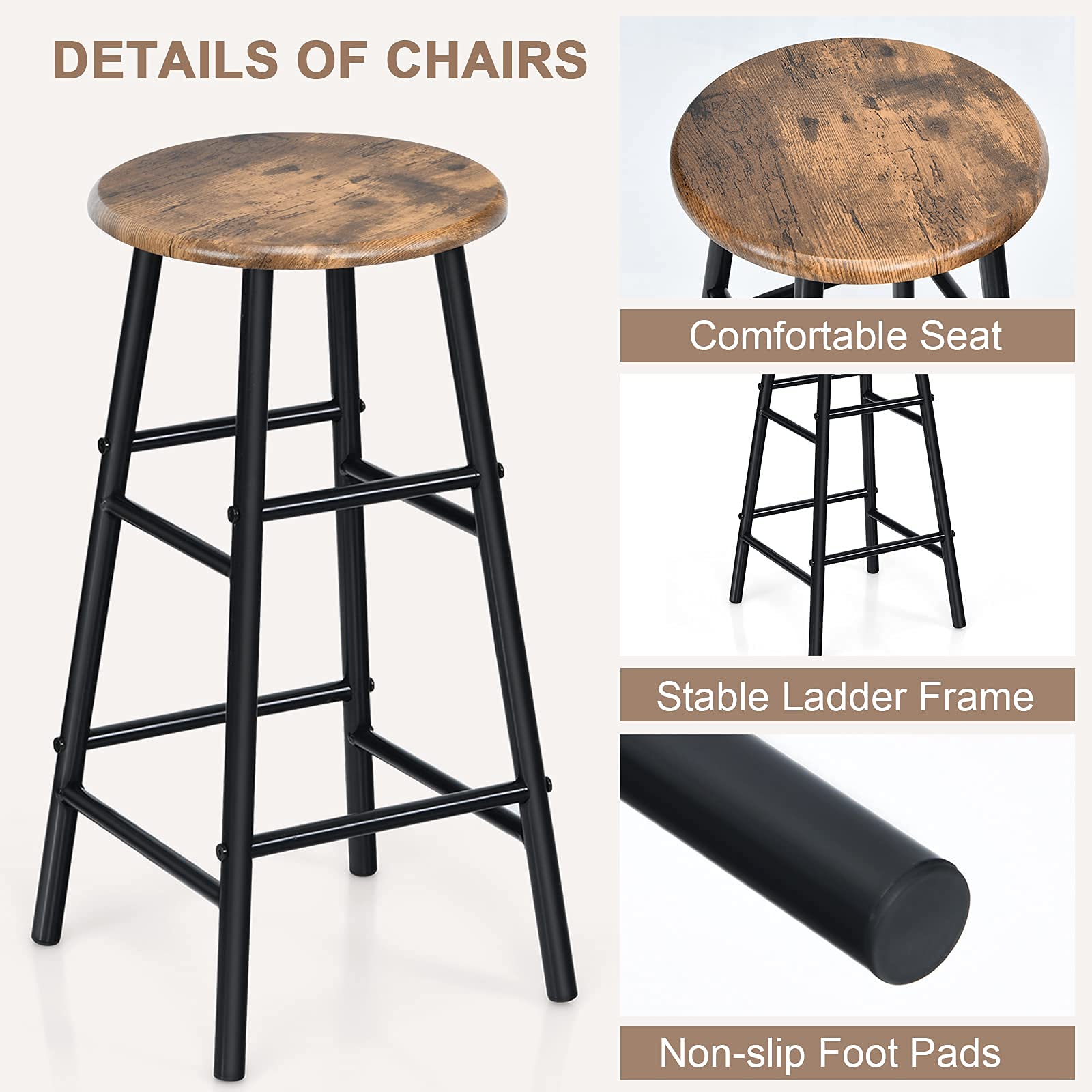 COSTWAY 3 Pieces Dining Table Set, Compact Dining Table Set with 2 Bar Stools, Space-Saving Bistro Set with Metal Fame and Storage Shelf, Pub Table and Chairs Set for Kitchen, Dining Room (Teak)
