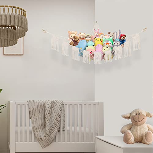 Zeesa Stuffed Animal Net or Hammock, Boho Hanging Net Storage with Macrame, Corner Toy Net Holder for Plush Toys Display, Beige