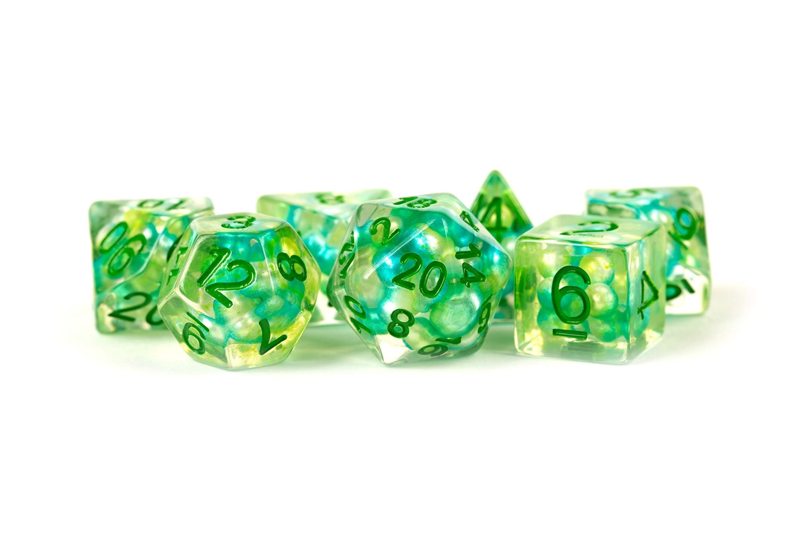 Metallic Dice Games Sea Foam Pearl Dice with Gold Numbers Resin 16mm (5/8in) 7 Dice Set