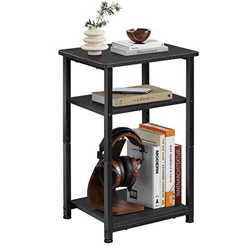 WLIVE Side Table, Small End Table, Adjustable 3-Tier Bedside Table with Sturdy Metal Frame, Tall Nightstand for Bedroom, Living Room, Sofa Table for Small Space (Black, 1 Pack)