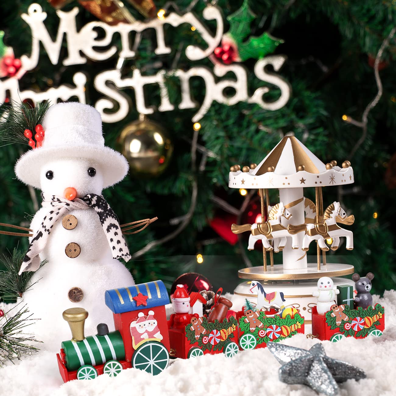 LEMESO Christmas Wooden Train Set, Christmas Train Ornament Toys for Kids, Christmas Gift for Kids