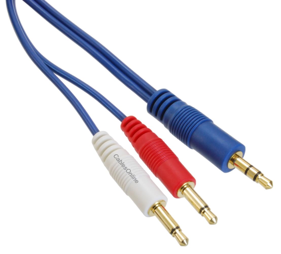 CablesOnline 3.5mm (1/8") TRS Stereo Male to Dual (Rd/Wh) 3.5mm (1/8") TS Mono Male Blue Audio Breakout Cable (1 Foot)