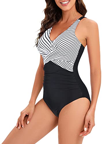 One Piece Bathing Suit for Women Front Cross Athletic Tummy Control Swimsuits V Neck Slimming Swimwear Black White Stripes M