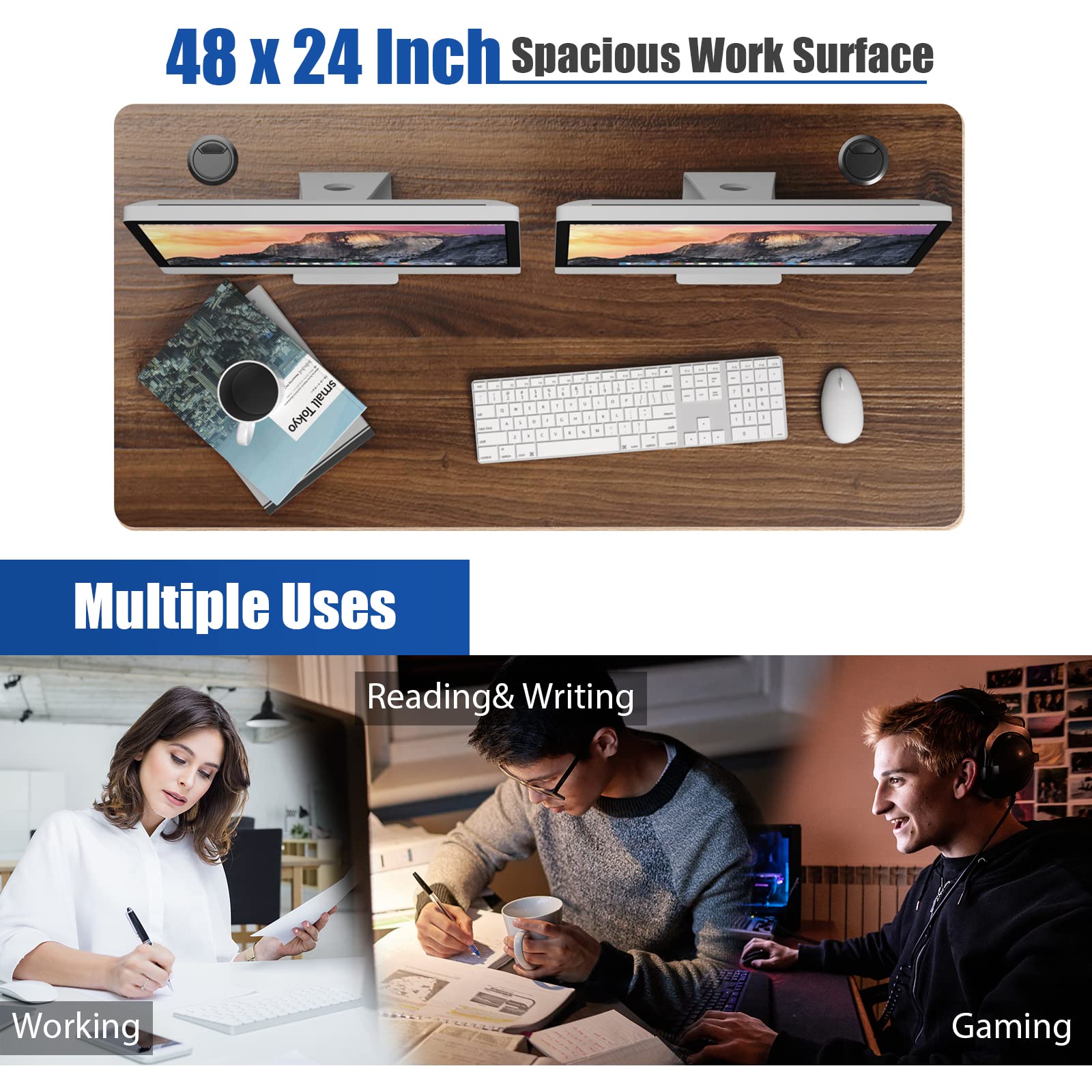 COSTWAY 48 x 24 Inch Universal Table Top, Solid One-piece Wooden Desktop w/Cable Holes, Office Relevance Tabletop for Standard & Sit-to-stand Home Office Desk Frames, Easy Assembly (Walnut)