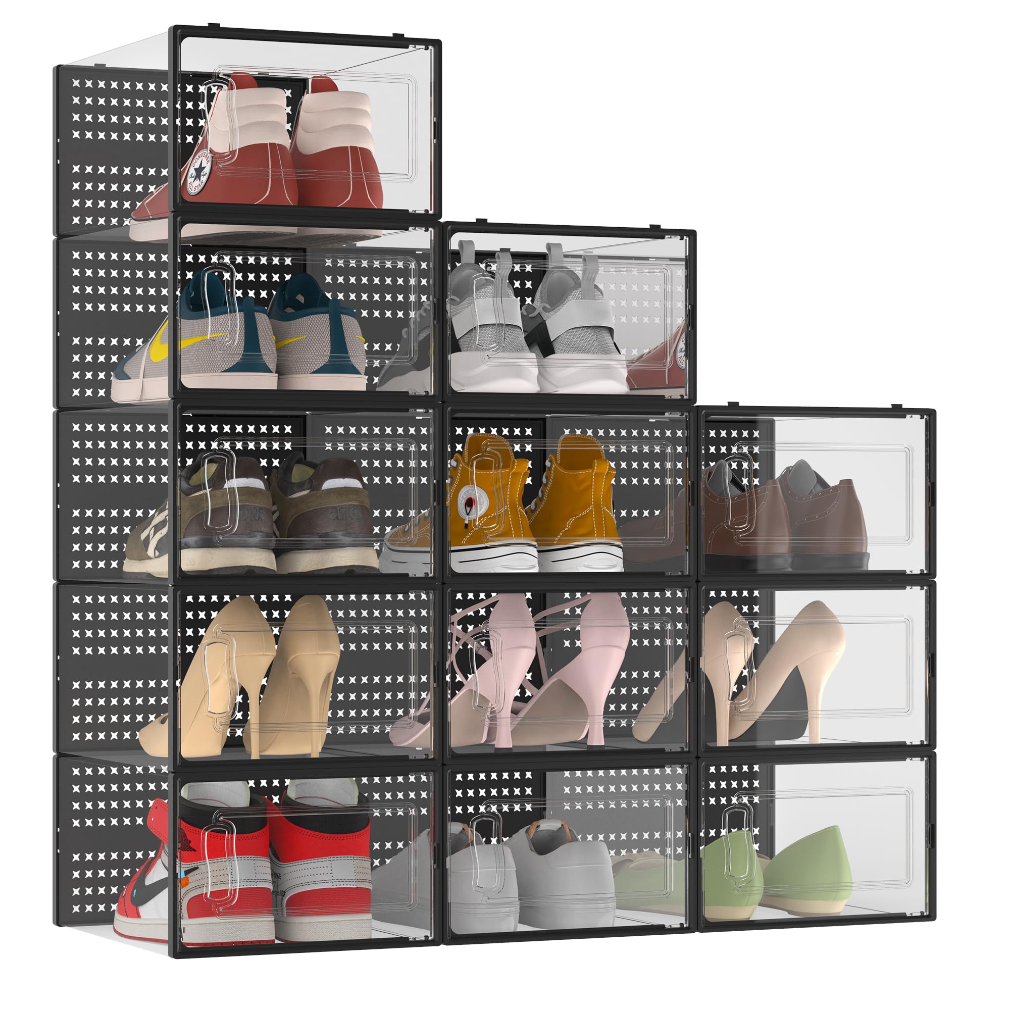Fkprorjv XX Large Shoe Storage Box Organizer for Closet, 12 Pack Space Saving Versatile Clear Plastic Stackable Sneaker Shoe Rack Containers Bins Holders, Portable Closet Organizers and Storage, Black