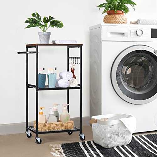 NANANARDOSO Kitchen Cart on Wheels, 3 Tier Mesh Utility Storage Cart, Wood Look Top and Metal Frame Rolling Pantry Cart for Kitchen, Living Room, Laundry Storage, Rustic Brown.