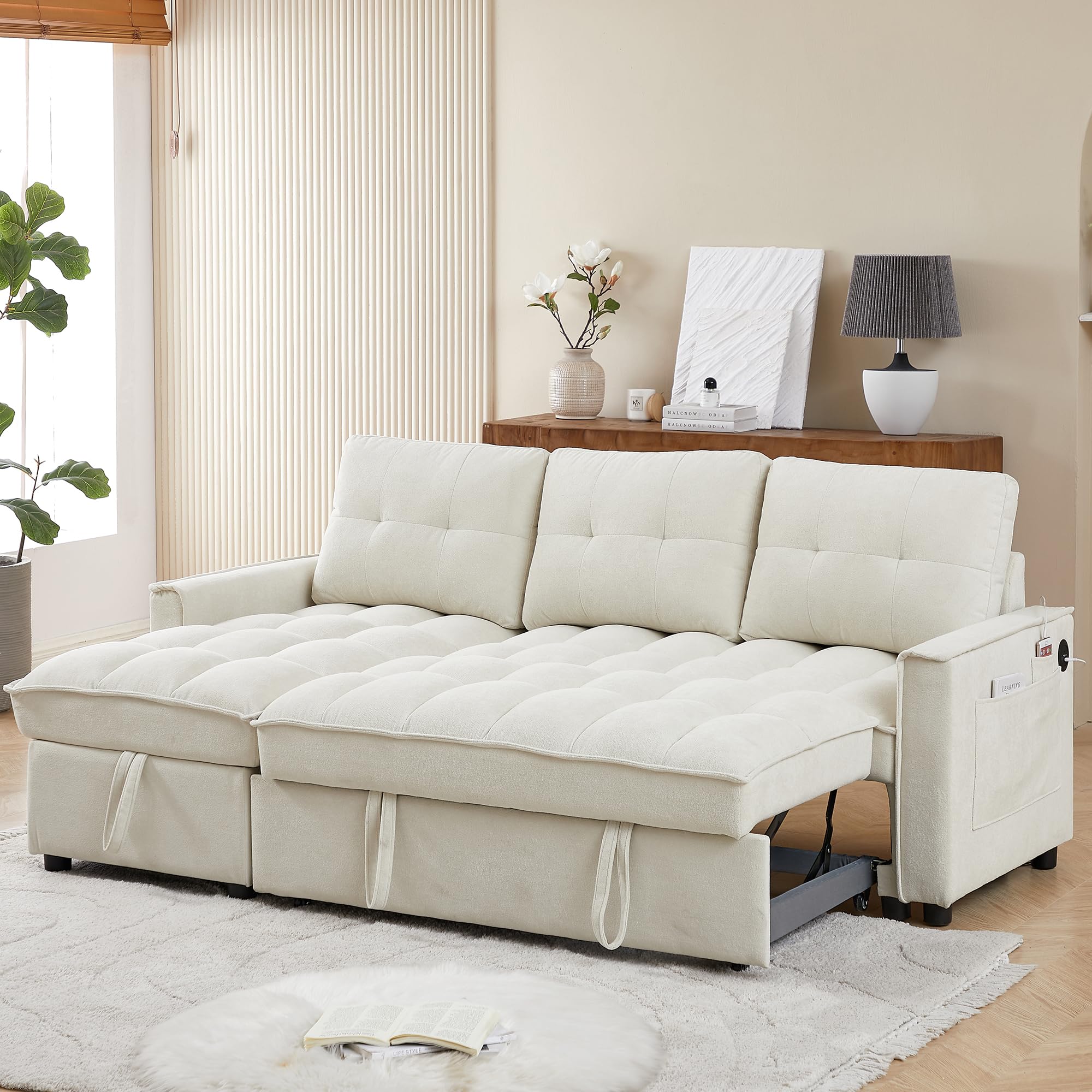 GNIXUU Sleeper Sofa Bed, 78.7" Pull-Out Couch Bed with USB and Tape-C Ports, Tufted L Shape Convertible Sectional Sofa with Storage Chaise for Living Room, Apartment, Small Spaces, Office, Beige