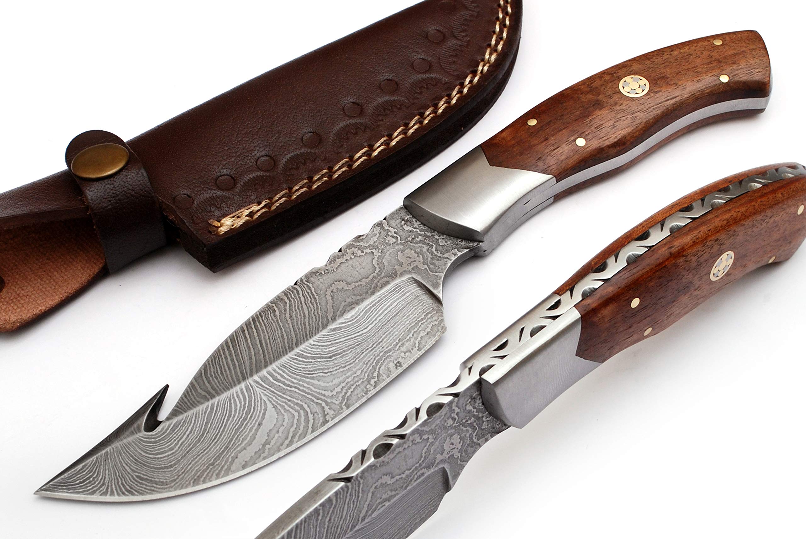 Birsppy Radny RA-9023-W Custom Made Damascus Steel Hunting/Gut Hook Knife Rose Wood Handle with Real Leather Sheath.
