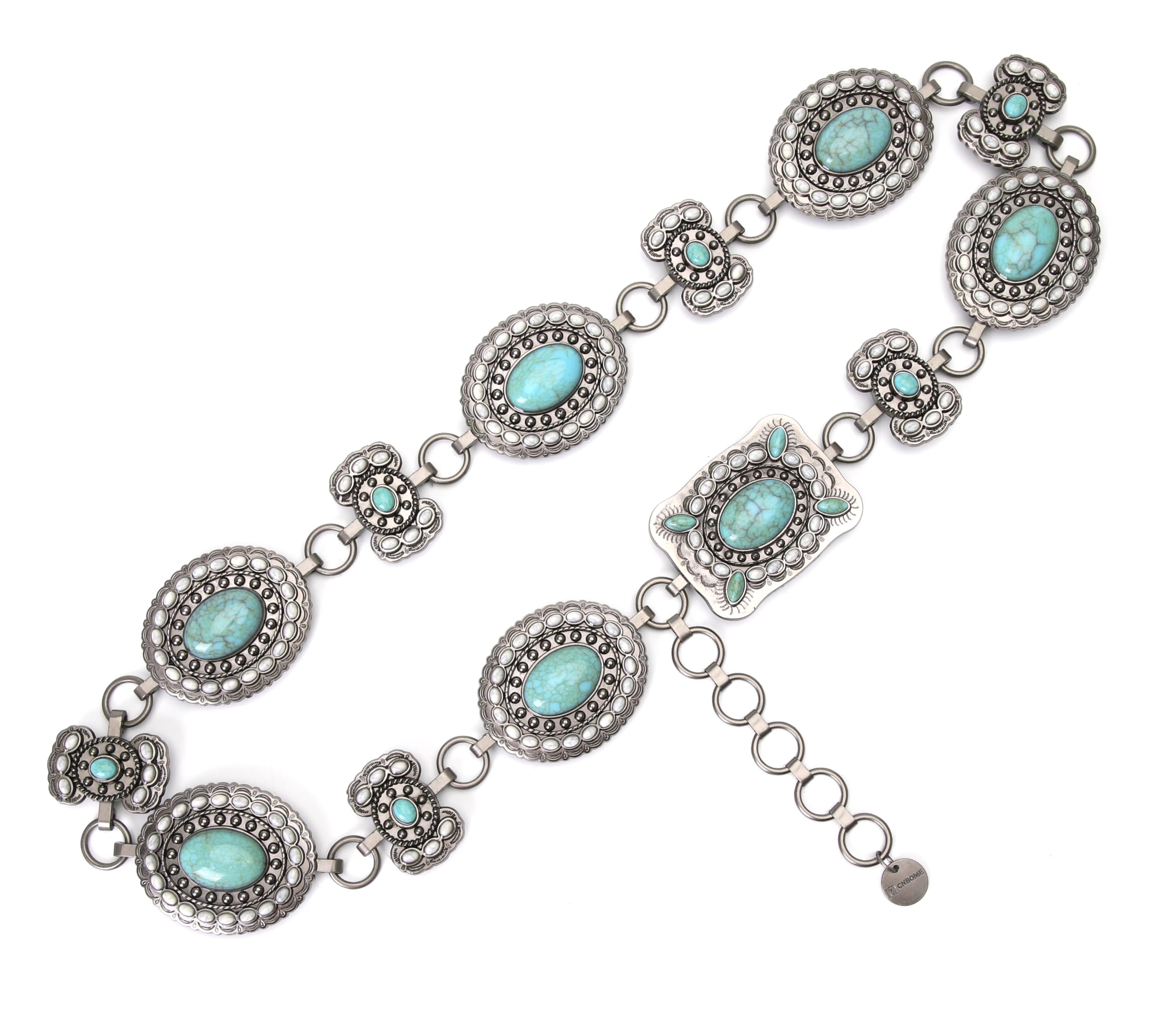 CNBOME Women's Western Cowgirl Concho Turquoise Stone Chain Belt (Jade & White, XLarge)