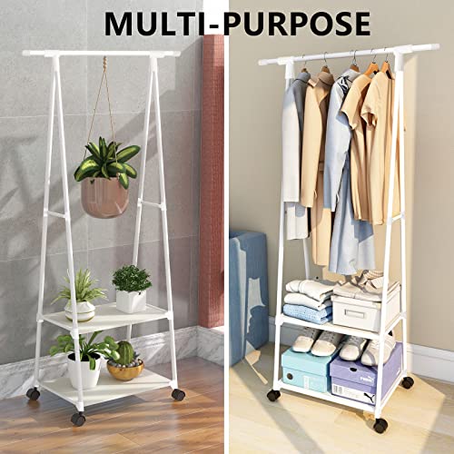 Jecpuo Clothes Rack Small Metal Garment Rack with Shelves for bedroom Rolling clothing rack for Hanging Clothes on Wheels for Hanging Clothes,clothes rack (White)