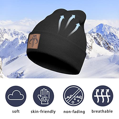 Birsppy Warm Cuffed Beanie Hats for Men Women Skull Leather Patch Winter Hat Soft Ski Knit hat Black