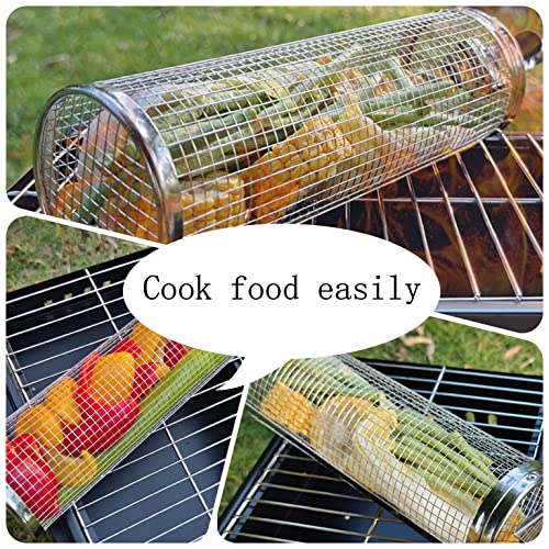 ZHMZHM Roller Grill Basket-Round Stainless Steel BBQ Grill Mesh,Outdoor Round BBQ Grill Grid for Chips Fish Shrimp,Versatile Round Grill Cooking Accessories (2PCS-B)