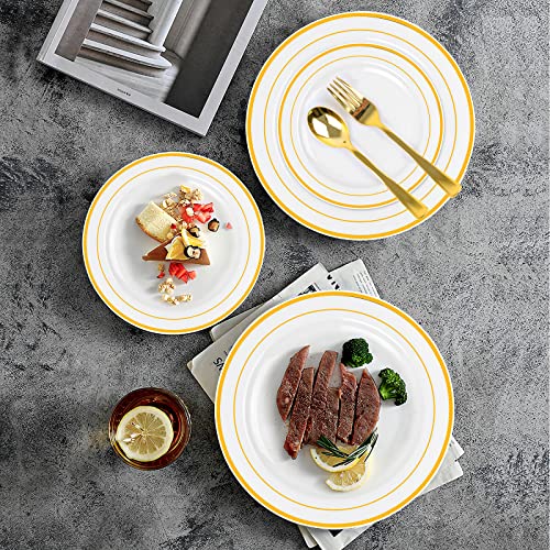 Gold Plastic Plates, MCIRCO 100 Pieces Disposable Party Plates for Weddings, Premium Gold Rim Plates, Include 50 10.25 Inch Dinner Plates and 50 7.5 Inch Dessert Appetizer Plates