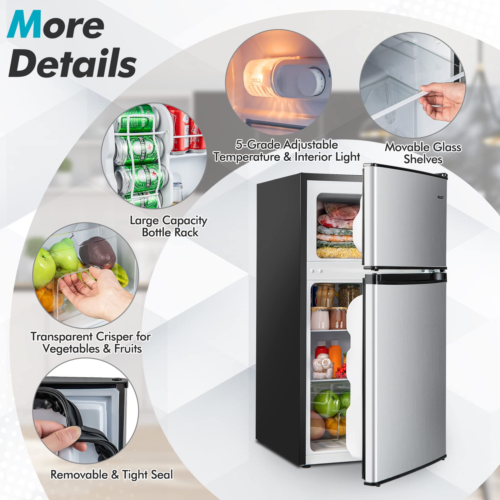 COSTWAY Compact Refrigerator, 2 Reversible Door 3.3 CU.FT. Mini Fridge and Freezer Compartment with Adjustable Thermostat & Removable Glass Shelves for Dorm Apartment Office (Silver)