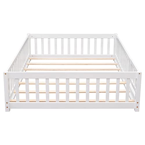 Full Floor Bed for Kids, Montessori Bed Frame with Fence-Shaped Guardrails, Support Slats and Door, Wood Floor Full Bed for Kids,Toddler,Boys Girls, No Box Spring Needed(White, Full Bed Frame)