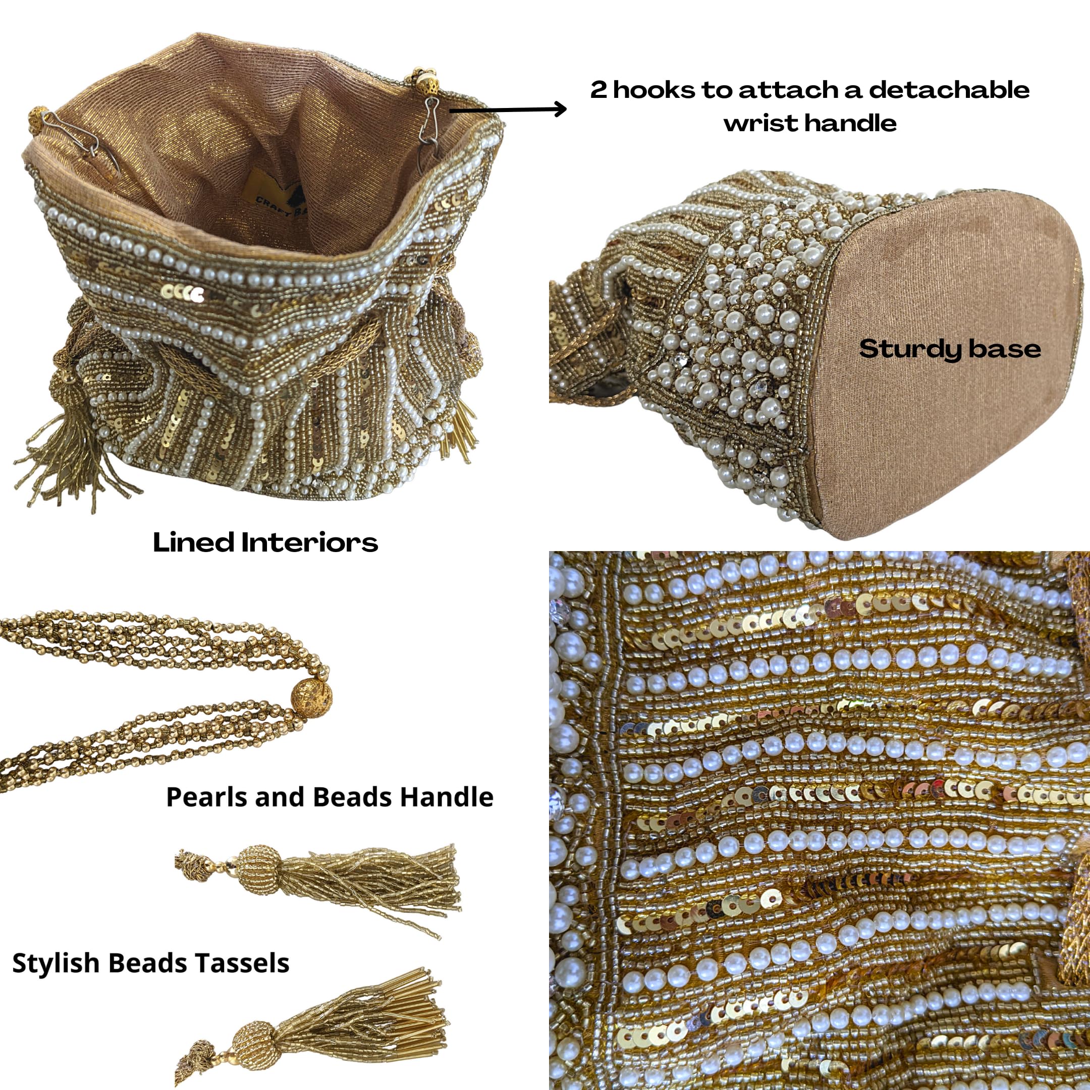 CRAFT BAZAAR Handmade Beaded Gold Evening Bag, Indian Potli Bags For Weddings And Parties, Wristlet Drawstring Bags