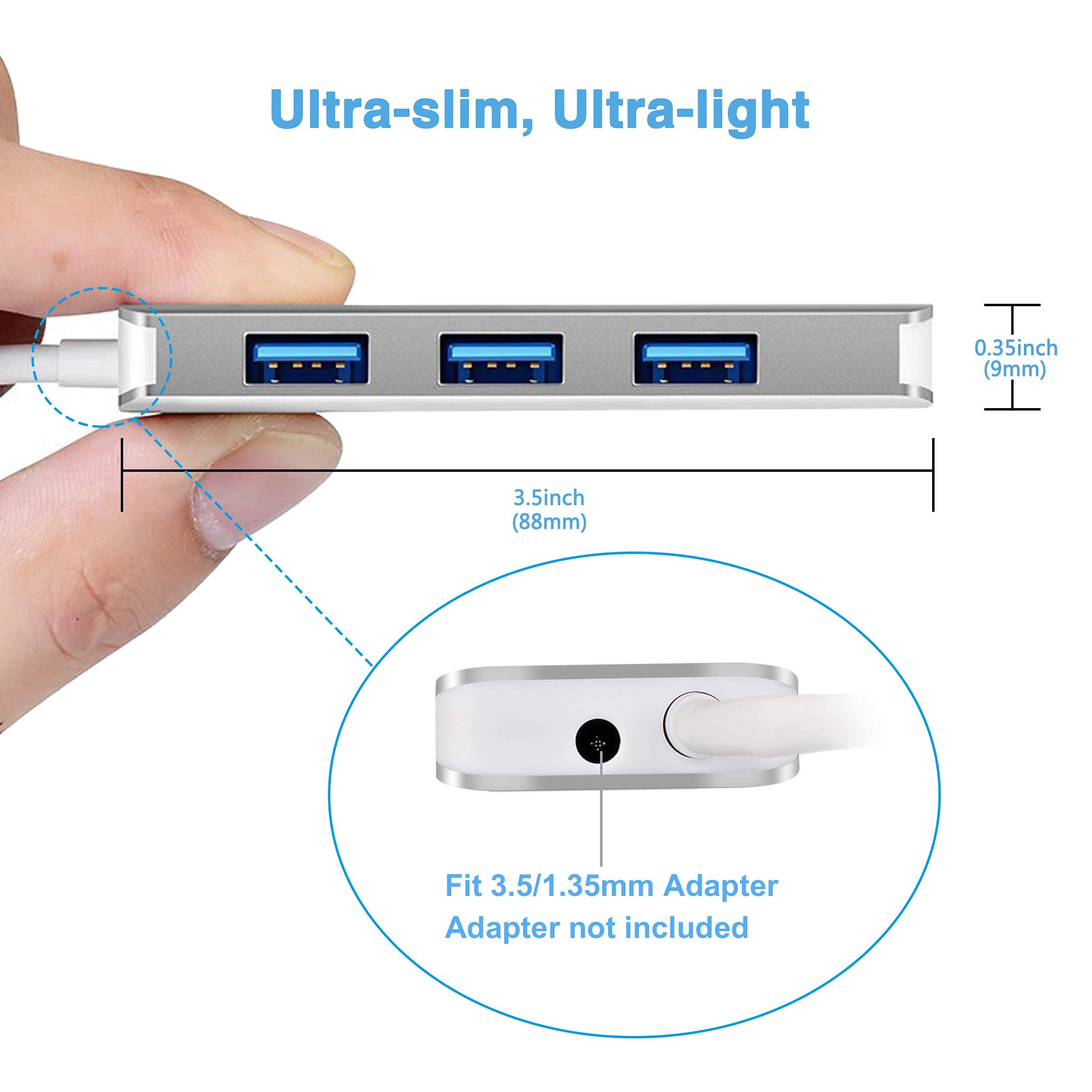 USB 3.0 Hub RSHTECH Aluminum 4 Port Ultra Slim USB 3.0 Data Hub Splitter Portable USB Port Expander for Laptop and PC (Silver)