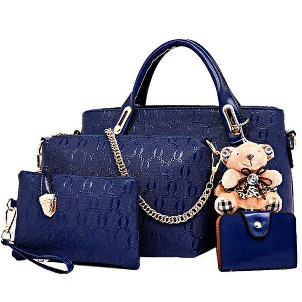 Women Ladies Leather Handbag 4pcs set Shoulder Tote Purse Satchel Messenger Bag (Dark Blue) (Dark Blue)