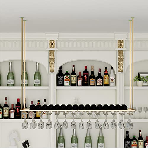 Hanging Wine Rack from Ceiling, Modern Metal Wine Bottle Holder Wall Mounted Champagne Glass Goblets Stemware Rack Storage Shelf Gold Display Racks (Size : 60x27x8cm)