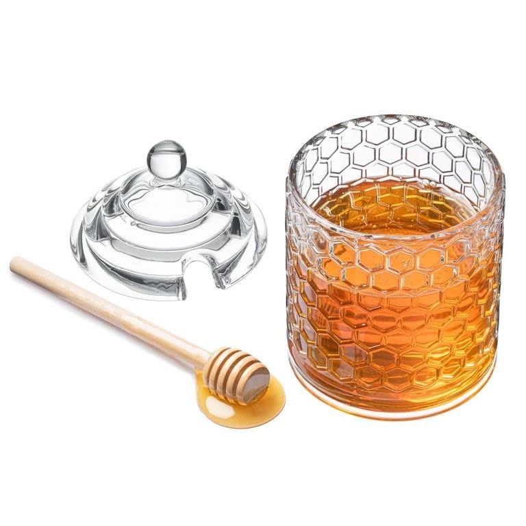 Royalty Art Glass Honey Pot with Beehive Lid and Wooden Dipper, 3 Pc. Set, Decorative Kitchen Accessory and Dispenser, Honeycomb Glassware, Reusable and Washable