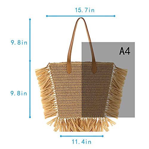 Women Large Fringe Straw Woven Shoulder Bag Summer Beach Top-Handle Bag Travel Tote