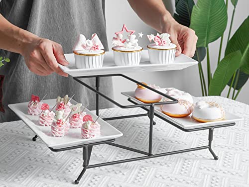 ONEMORE 3 Tier Serving Tray - Collapsible Tiered Stand and Ceramic Serving Platters - Cross Bars Included - White