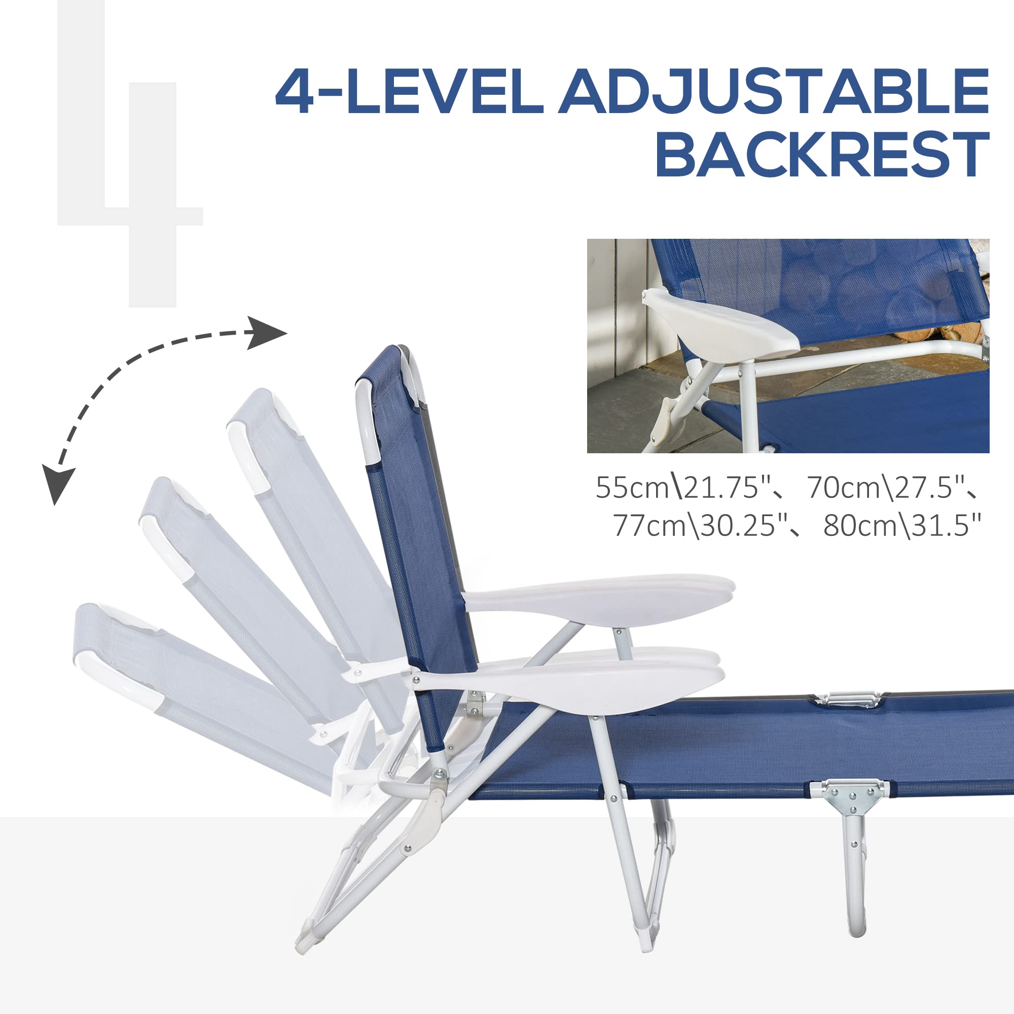 Outsunny Folding Lounge Chair, Portable Outdoor Chaise Lounge, Sun Tanning Chair with 4-Position Reclining Back, Armrests, Metal Frame and Mesh Fabric for Beach, Yard, Patio, Blue