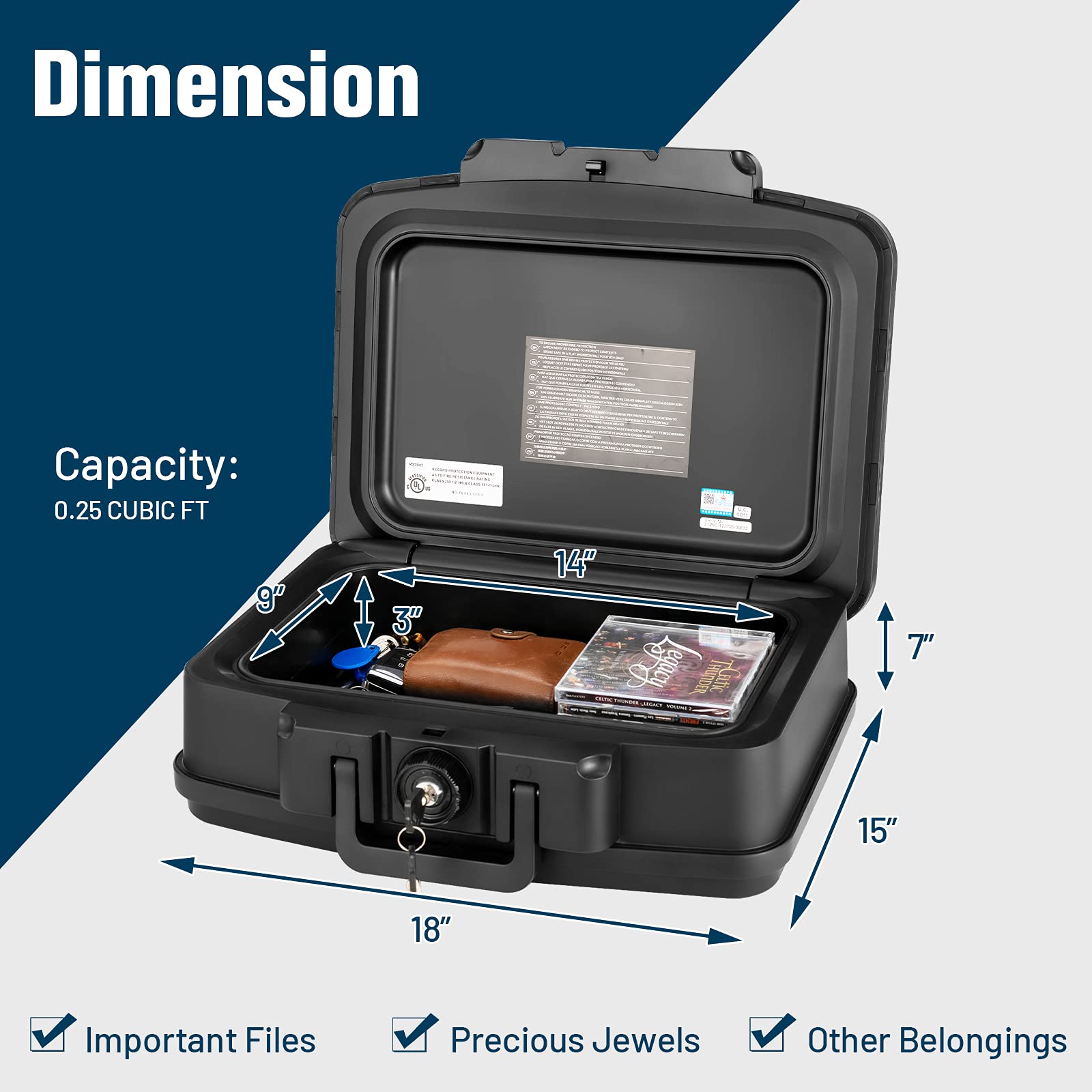 COSTWAY Fireproof Box, 0.25 Cubic Feet Space-saving Design, 30 Minutes Fire Safe Lock Box with Key Lock, Carrying Handle, Portable Waterproof File Organizer for Documents, Money