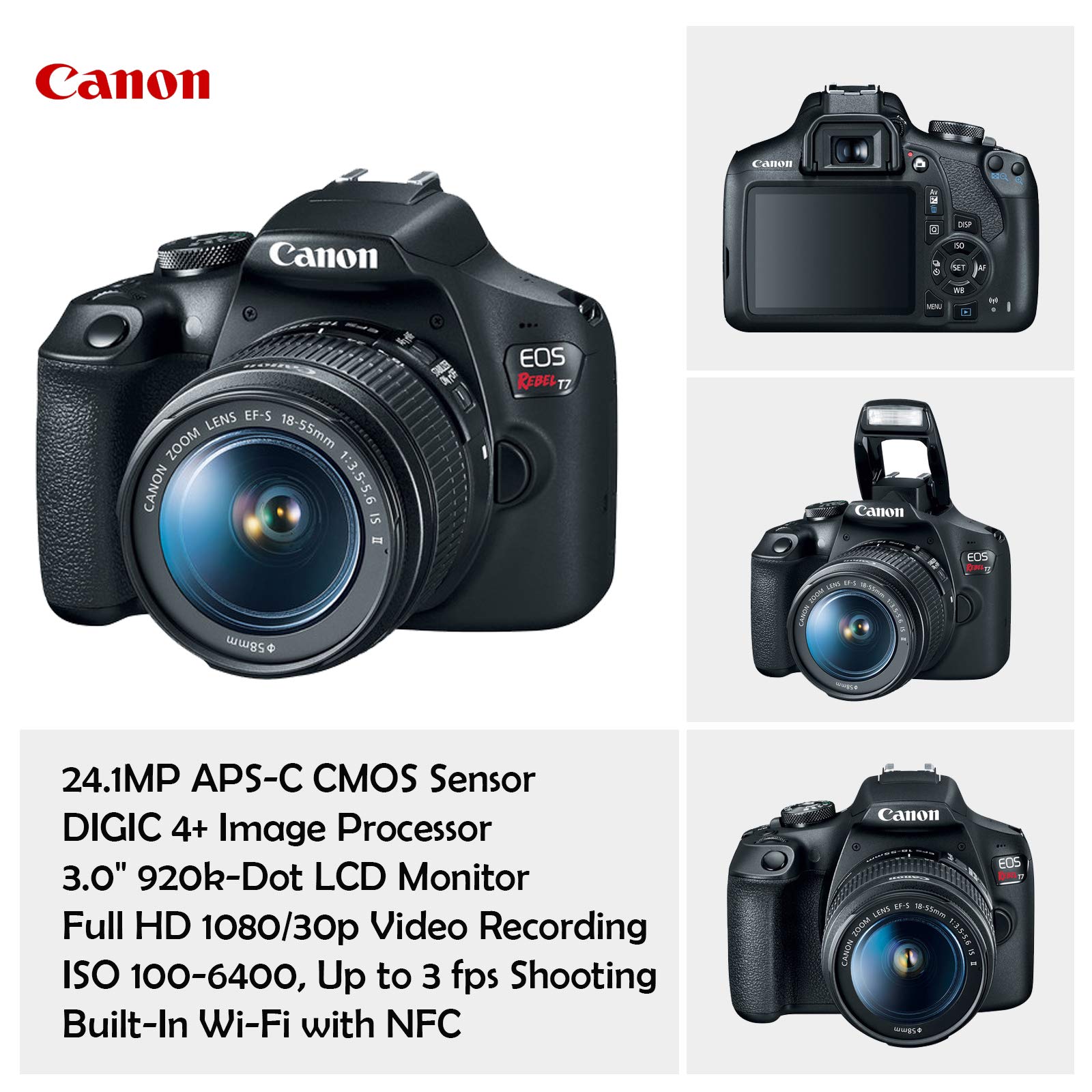 Canon EOS Rebel T7 DSLR Camera with 18-55mm is II Lens Bundle + Canon EF-S 55-250mm STM Lens and 500mm Preset Lens + 32GB Memory + Filters + Monopod + Spider Flex Tripod + Professional Bundle
