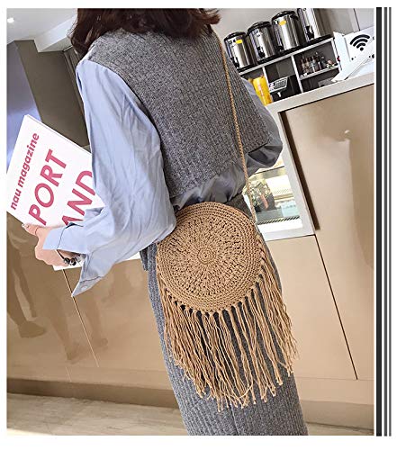 Nice Pies Women Round Handbags Straw Bag holiday beach round bag Tassel Vintage Cotton line Messenger Bag