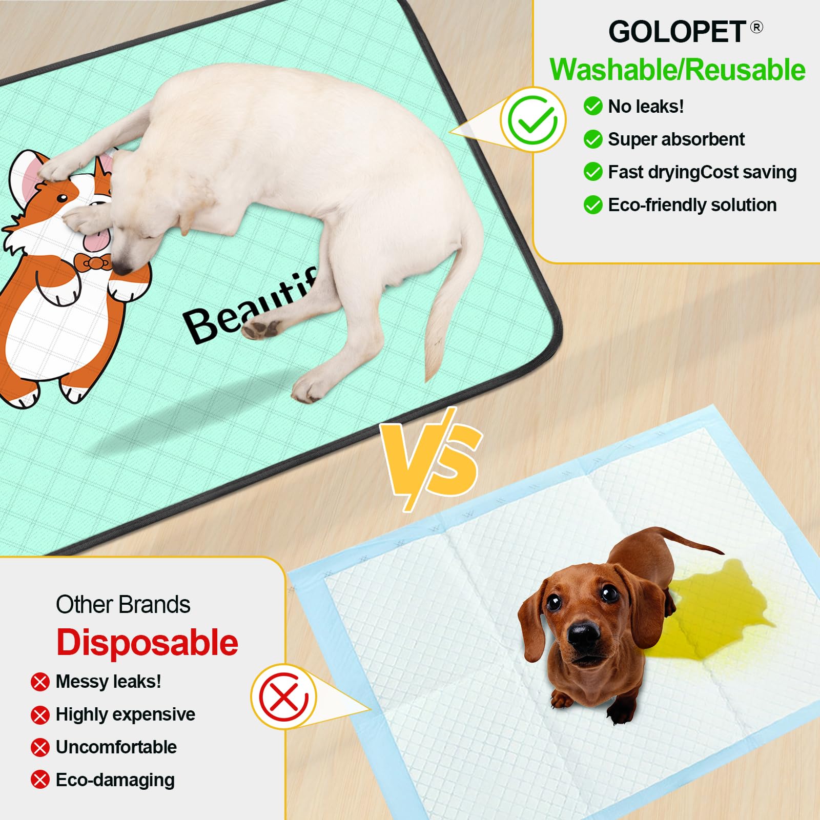 GOLOPET Washable Pee Pads for Dogs 47x32in 2-Pack Thick Reusable Puppy Pads Extra-Absorbent Prevent Leakage Non-Slip for Puppy Playpen, Crate, Whelping Box, Potty Training Reusable,Blue