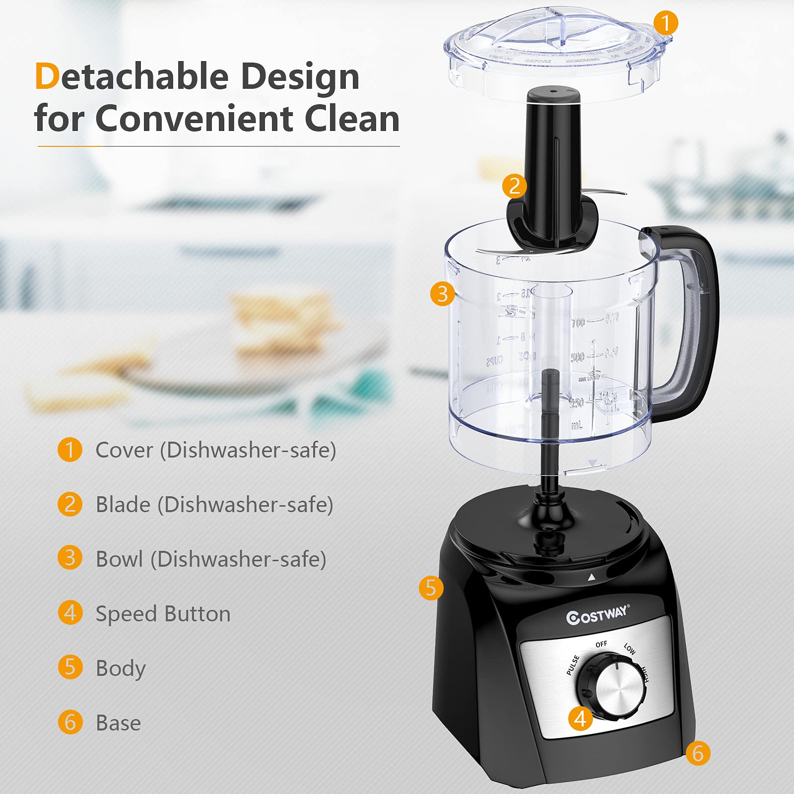 COSTWAY Food Processor & Vegetable Chopper, 2-Speed and 3 Cup Food Chopper with Easy Grip Handle, Double Safety Lock, Stainless Steel Chopper Blade, Anti-slip Suction Rubber Feet, Black