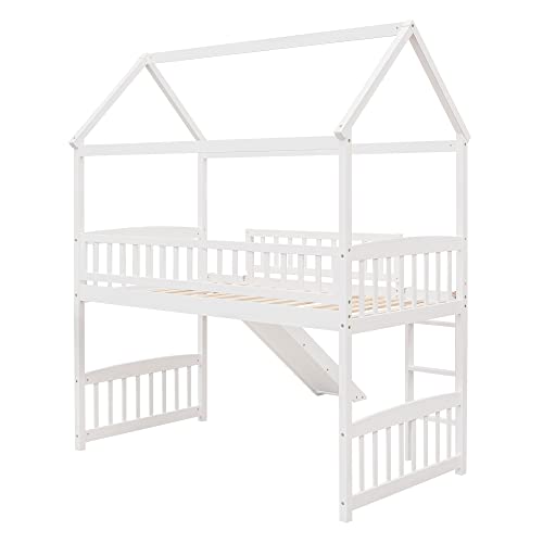 Merax House Loft Bunk Bed Frames with Slide No Box Spring Needed for Teens, Girls or Boys