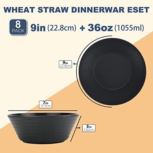 Wrova Wheat Straw Dinnerware Sets - 8 set Unbreakable Microwave Safe Dishes - Reusable Wheat Straw Plates and Bowls Sets for Kitchen - Kid’s Wheat Straw Bowls and Plate for Cereal, Soup (4 color)