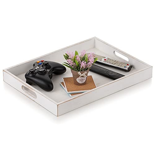 Hanobe Serving Tray with Handles: Rustic Decorative Wood Rectangle Trays with Cutout Handles for Coffee Table Breakfast Ottoman Living Room Kitchen Home Decor, Light Brown