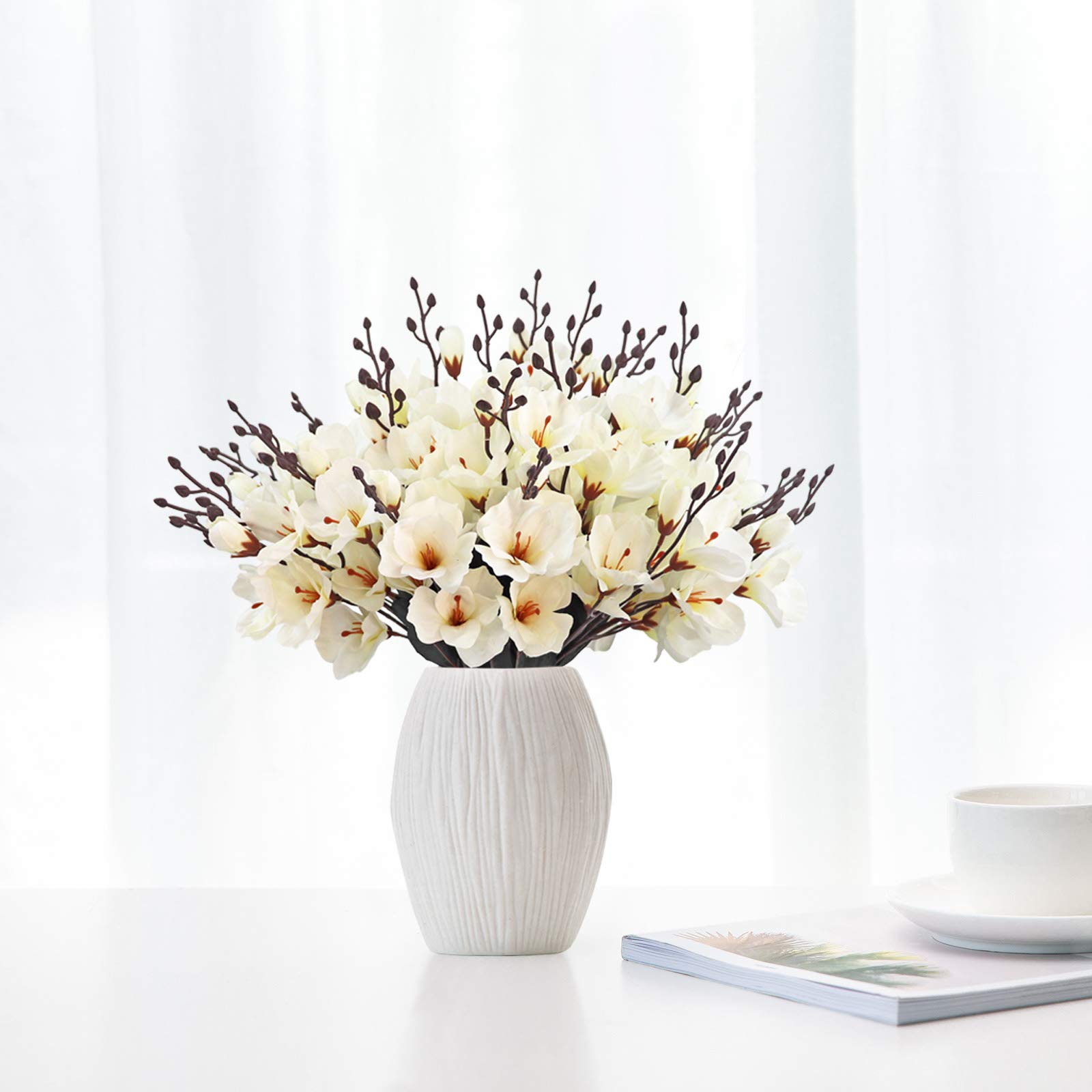 MINYULUA 6pc Artificial Magnolia Flower Silk Flowers Branches Faux Flower Bouquet for Home Wedding Decoration,Home Decor Party Garden Office (White)