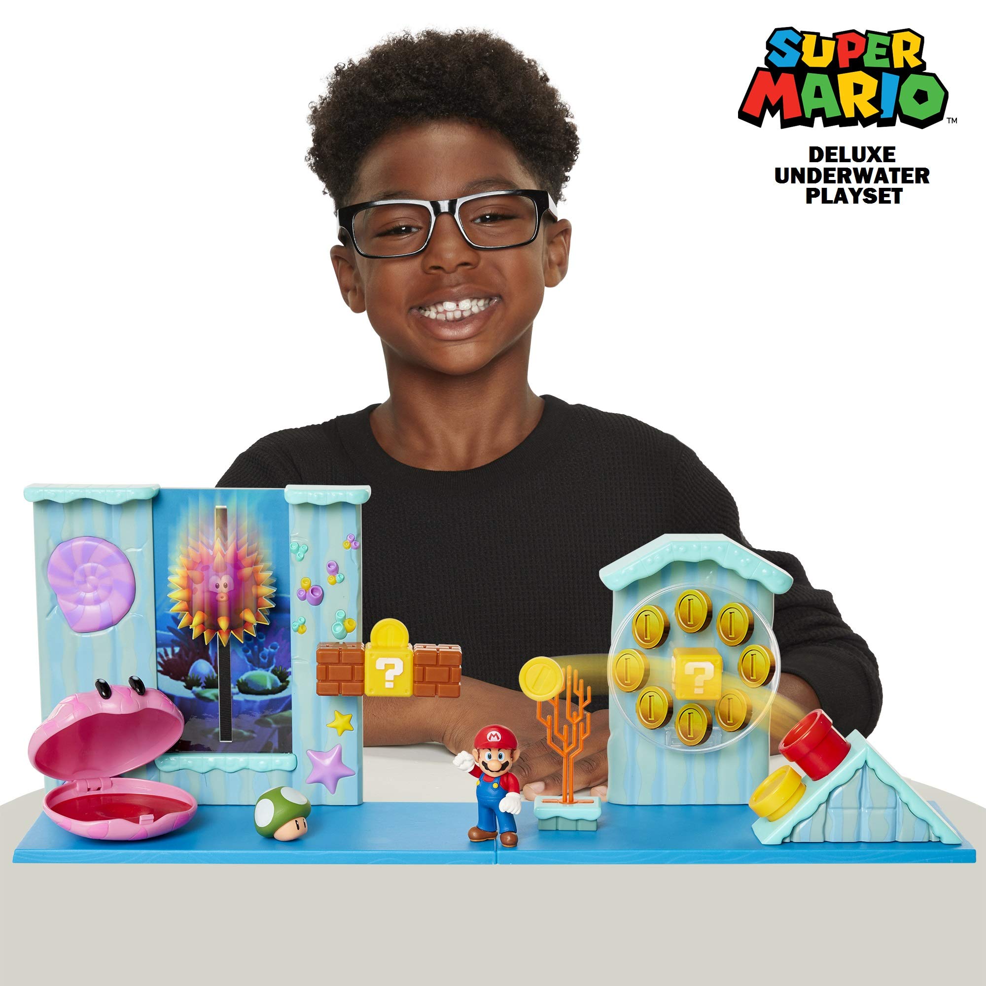 Nintendo Super Mario Deluxe Underwater Playset with 5 Interactive Environmentpiece β Includes 2.5β Mario Figure, 1-Up Mushroom Accessory & Warp Pipe Coin Launcher
