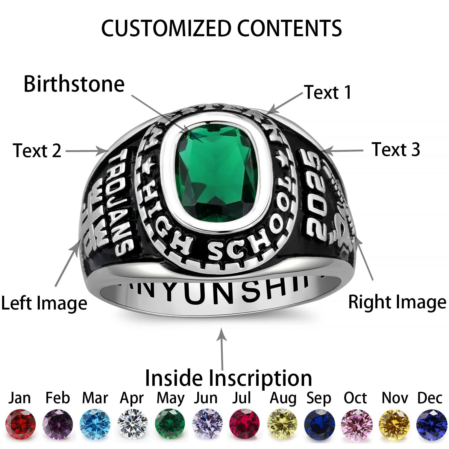 Ccjcinata Fully Personalized Customized class rings 10kt White Gold High School Class Rings and College Class Ring for women β Classic Collection (Sterling Silver - Platinium)
