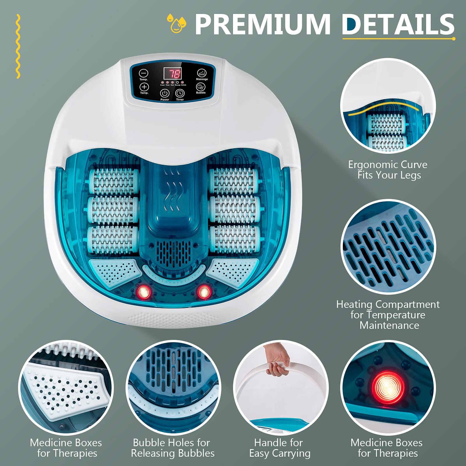 COSTWAY Foot Spa/Bath Massager, with Heat & Bubbles & 6 Electric Massage Rollers, Circulating Heating System, Temperature & Time Control, Foot Tub Soaking for Fatigue Release, Home Use (Blue)