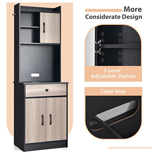 COSTWAY Kitchen Pantry Storage Cabinet, 71” Tall Buffet Hutch Cabinet with Microwave Stand, Adjustable Shelves, Drawer, Freestanding Buffet Cabinet with Storage for Dining Room, Home, Black