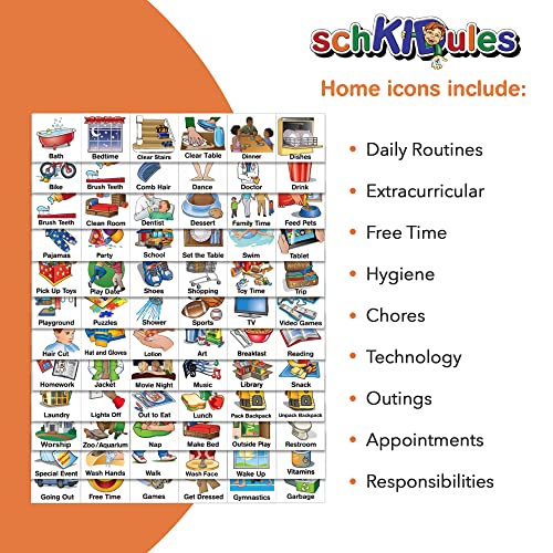 SchKIDules Visual Schedules for Kids 93Pc Home Collection for Daily Routines: 72 Picture Magnets +21 Headings for Children, ADHD & Behavioral Suppports